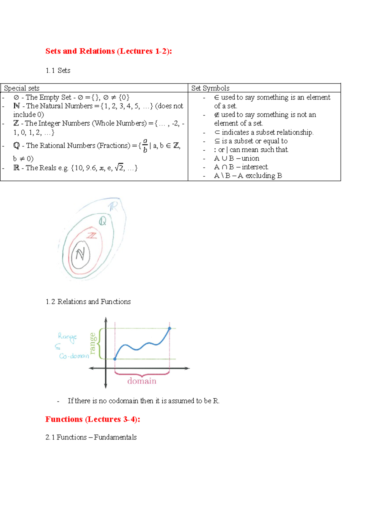 Sets and Functions Cheat Sheet for MATH101: Lectures 1-9 - Studocu