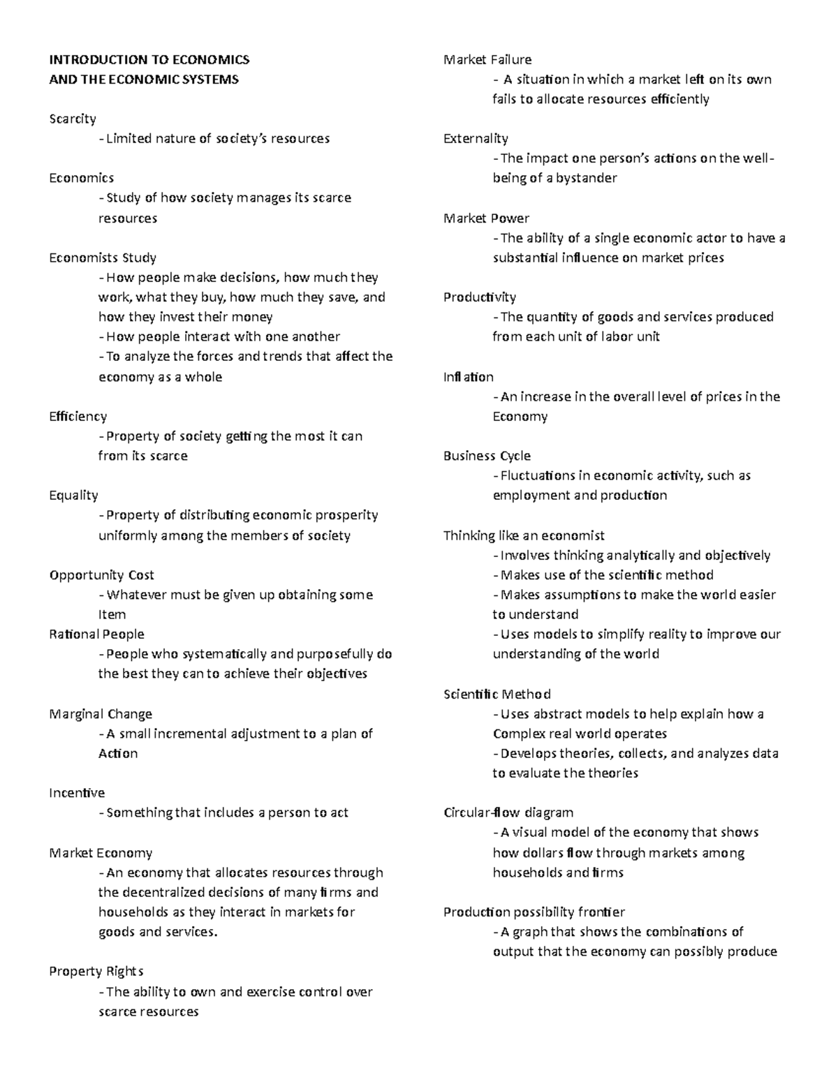 ECO 101: Introduction to Economics - Key Concepts and Terms - Studocu