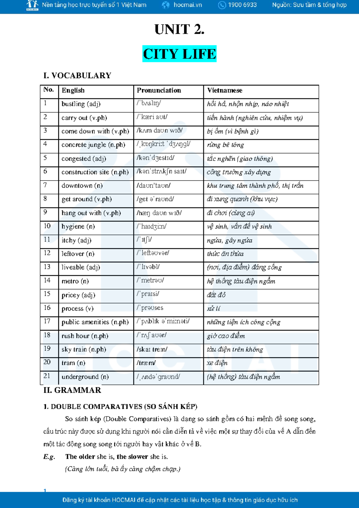 Unit 2: City Life Vocabulary & Grammar Notes - Studocu