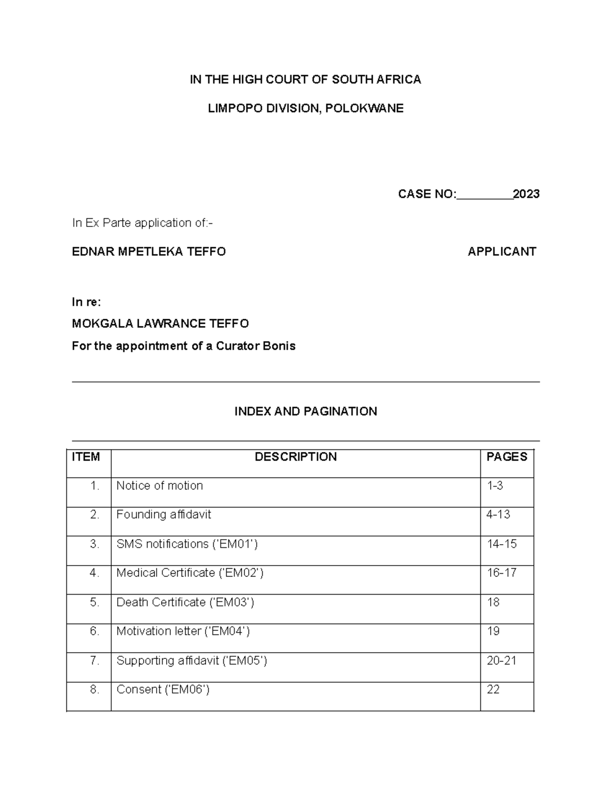 Index and Pagination of Ex Parte Application Case No: 2023 - Studocu