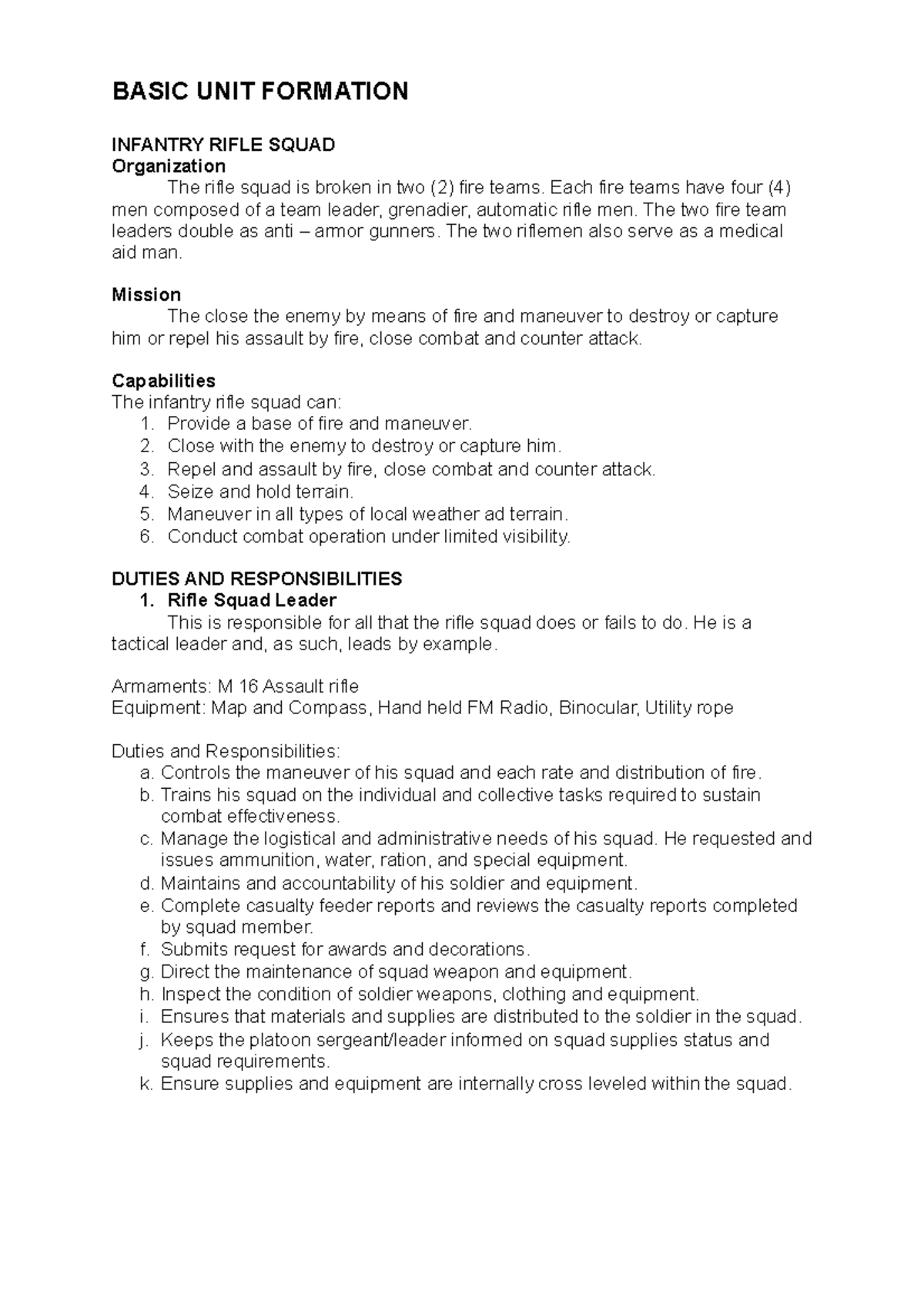 Basic Unit Formation in ROTC: Infantry Rifle Squad Overview - Studocu