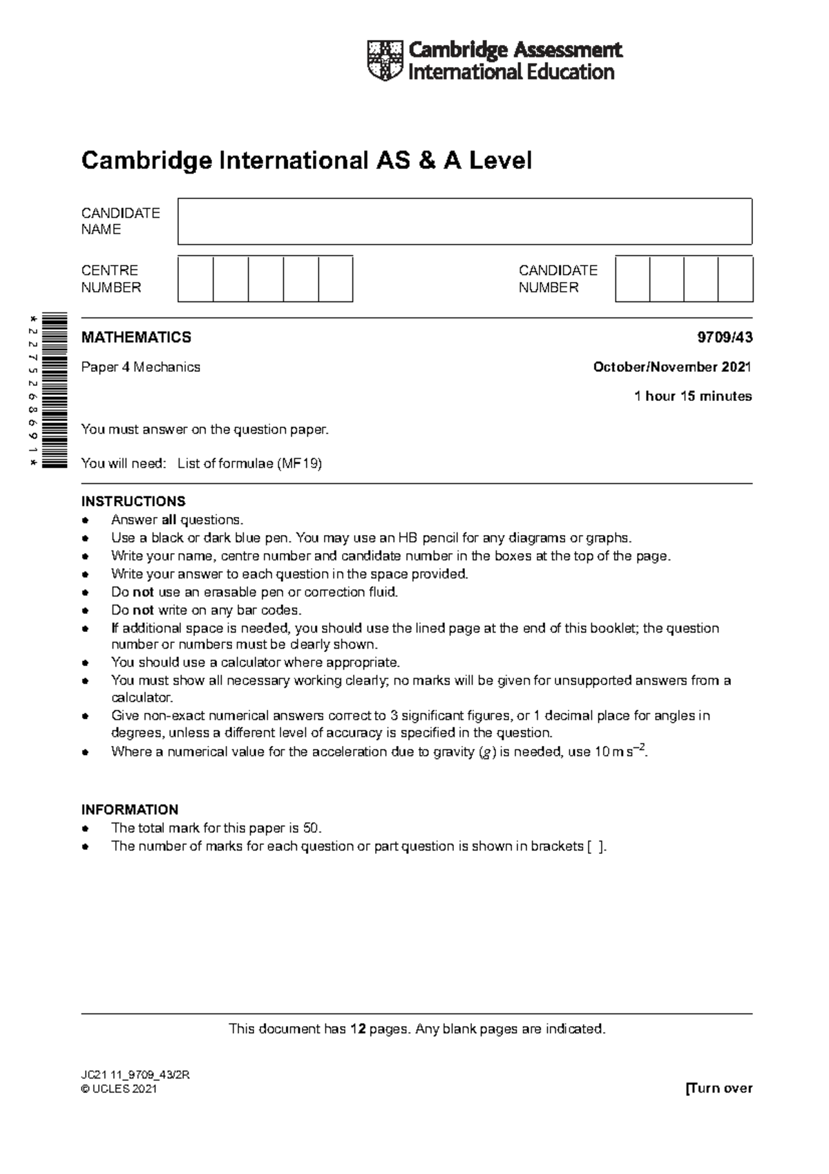 Cambridge International AS A Level Mathematics 9709 W21 Paper 4 ...