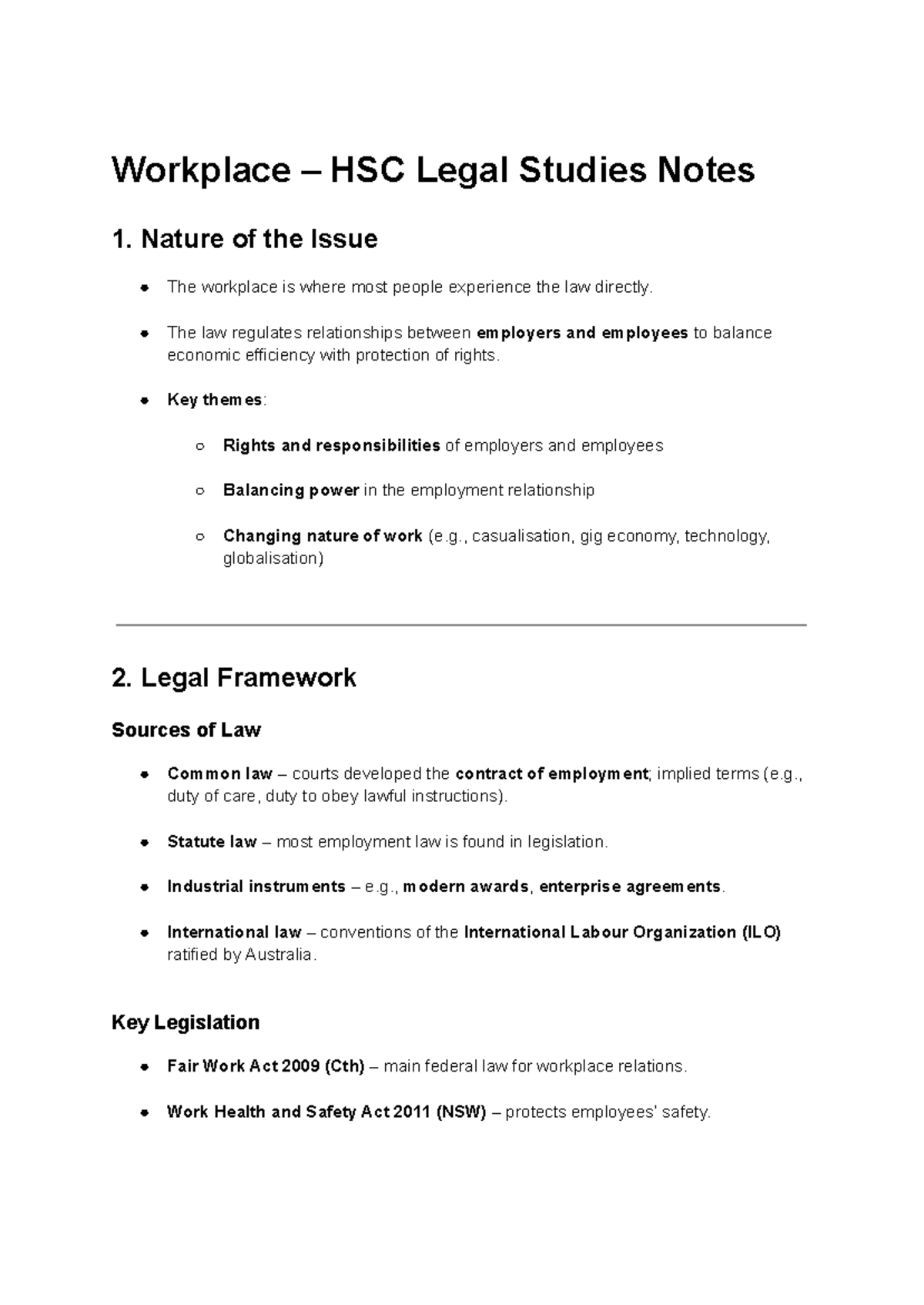 HSC Legal Studies Notes: Workplace Law Overview and Key Issues - Studocu