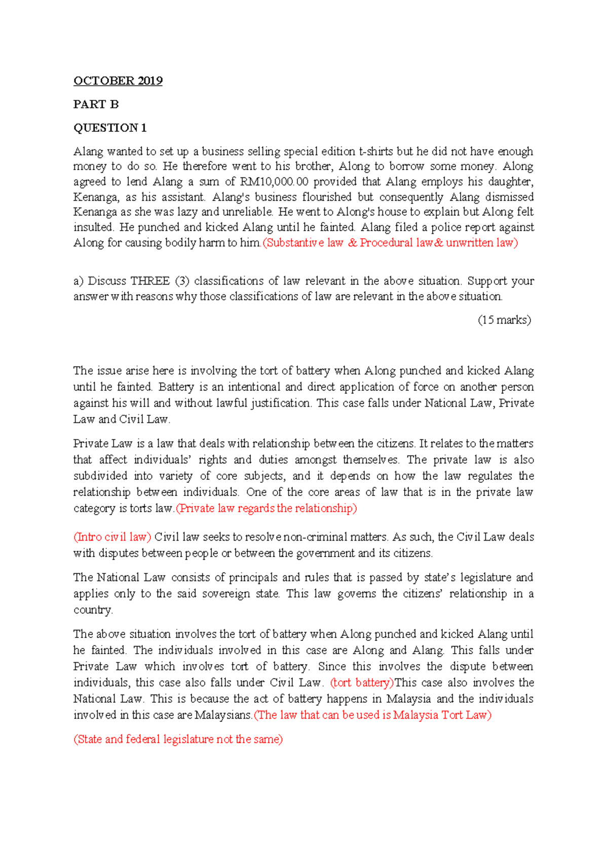 Law033 - example - OCTOBER 2019 PART B QUESTION 1 Alang wanted to set ...