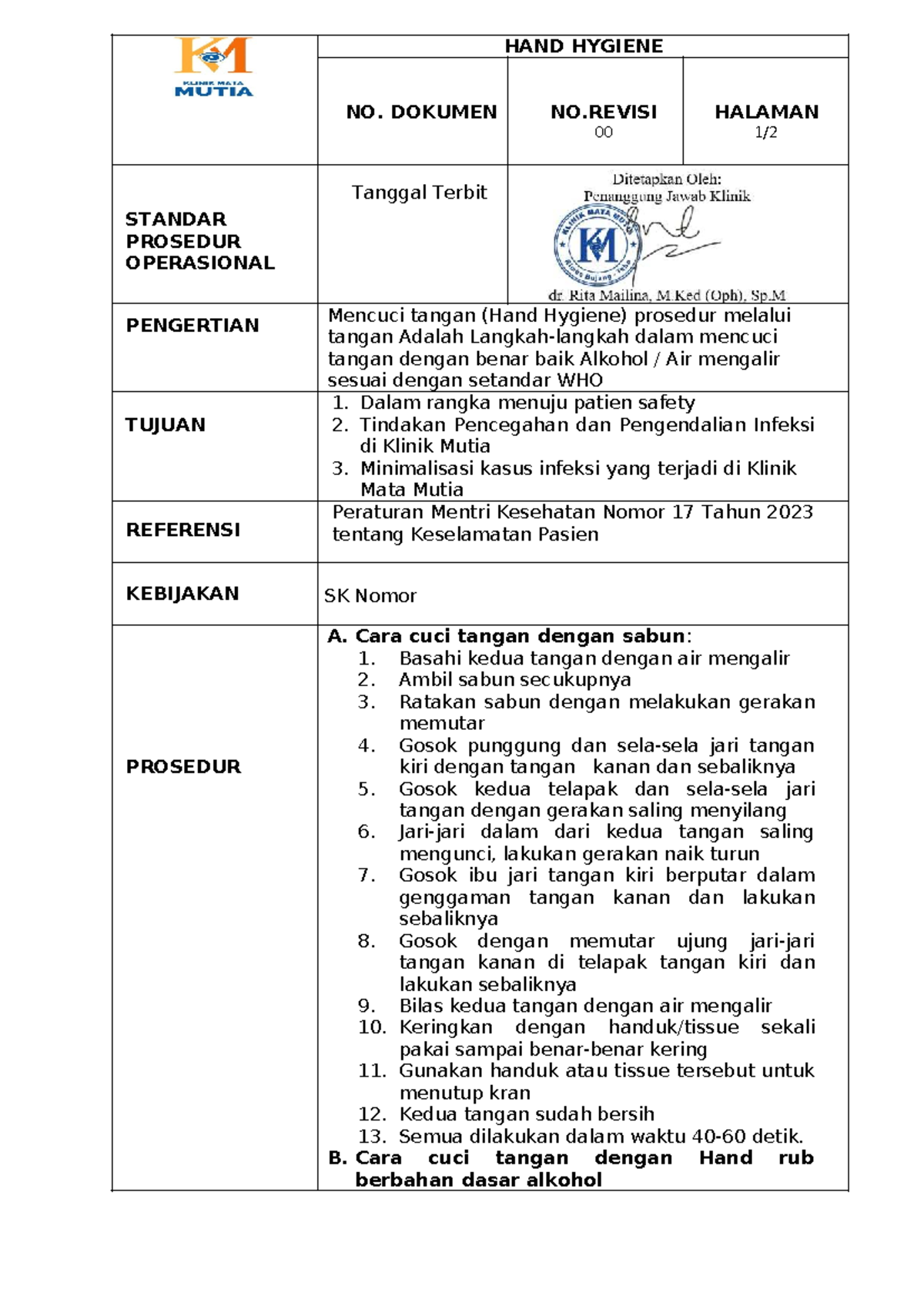 SPO HAND HYGIENE - Klinik Mata Mutia (Revisi 00) - Studocu