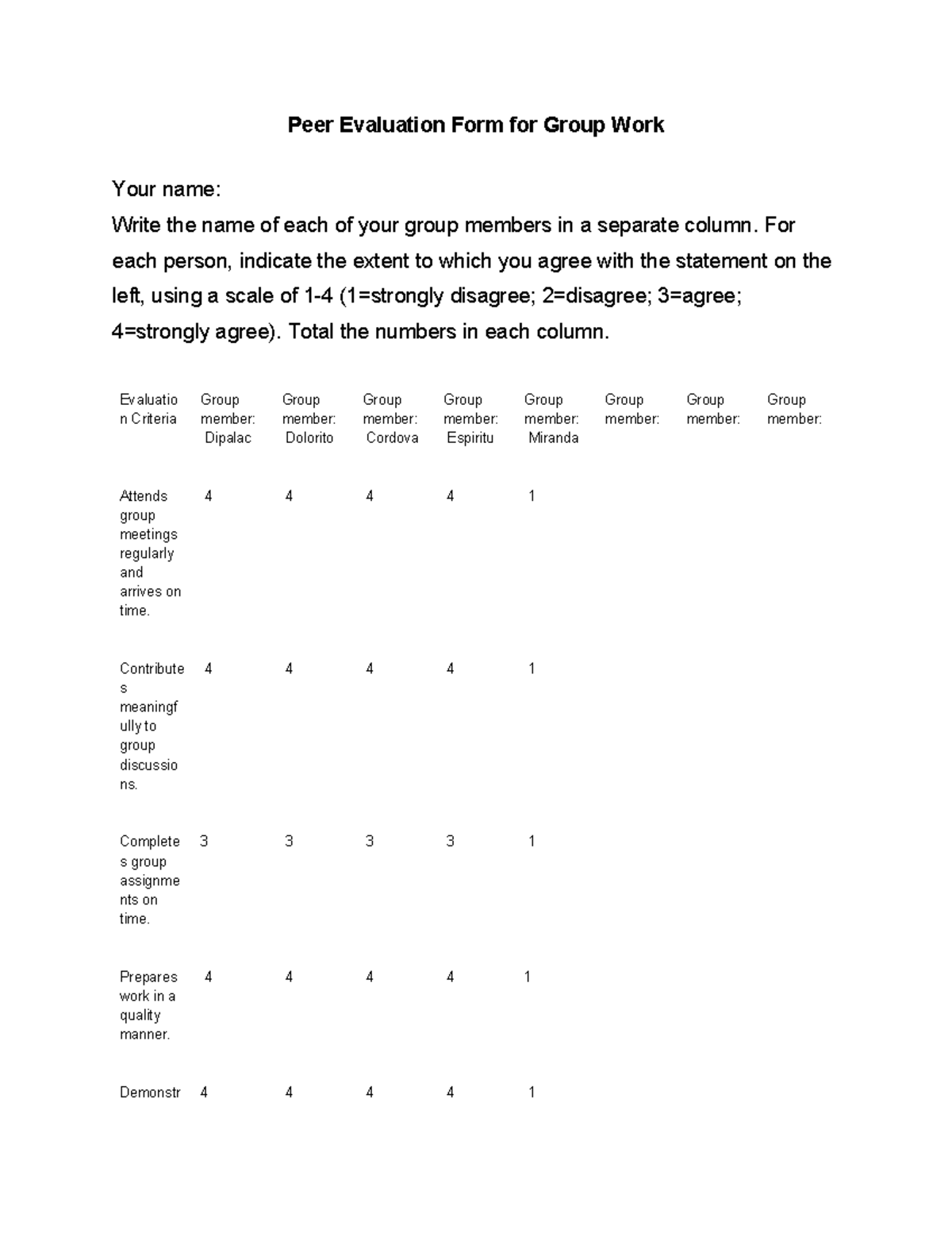 Peer Evaluation Form for Group Work - Practical Research - Studocu