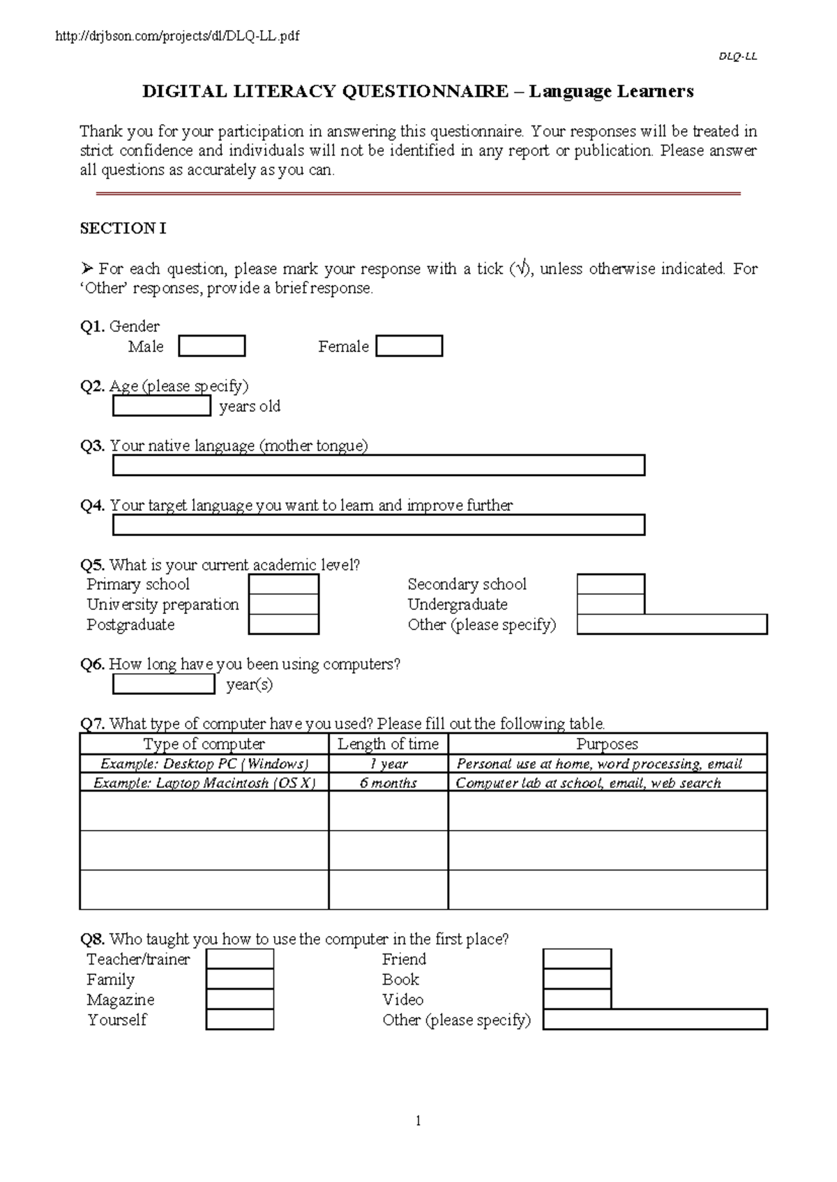 DLQ-LL - Digital Literacy Questionnaire for Language Learners - Studocu