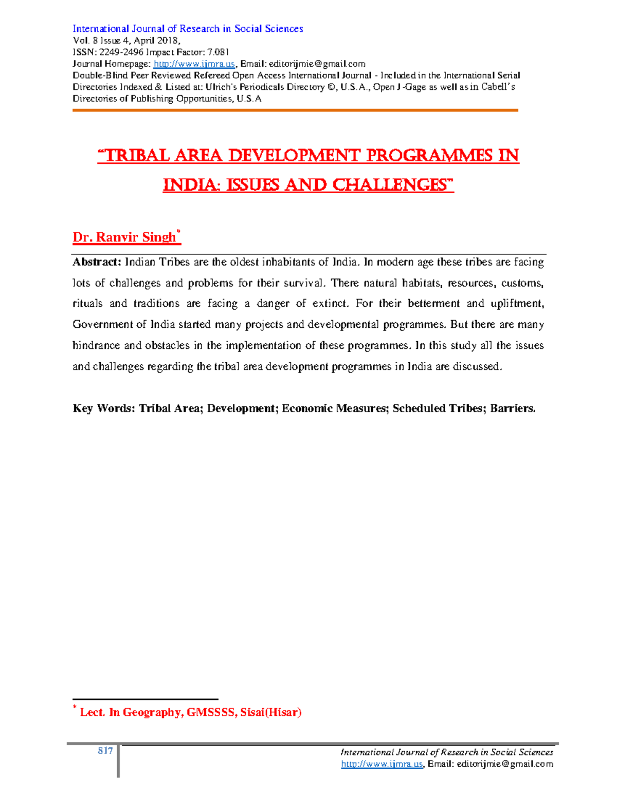 Challenges in Tribal Area Development Programmes in India: An Analysis ...