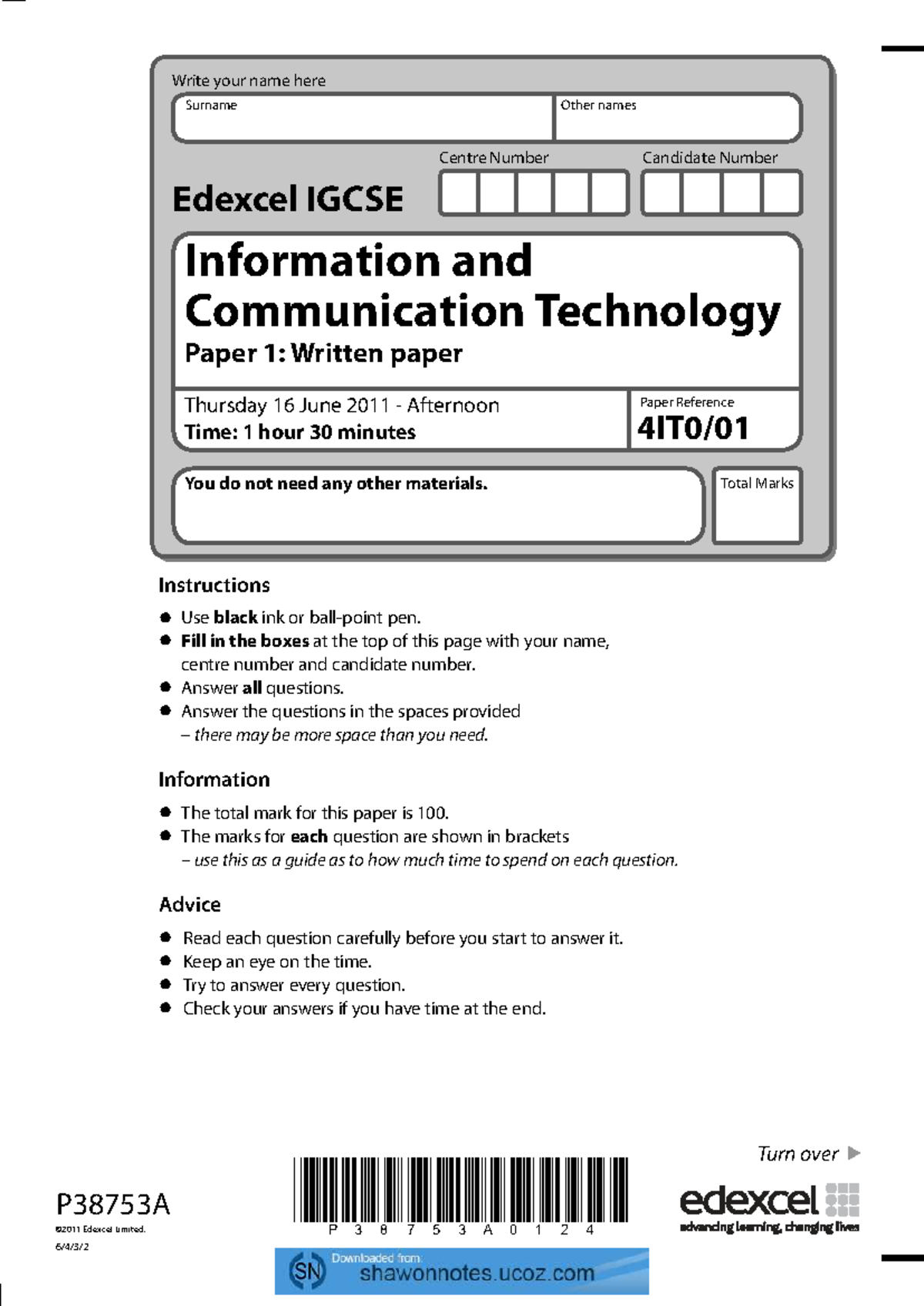 Edexcel IGCSE ICT Paper 4IT0 01 Exam Questions - June 2011 - Studocu