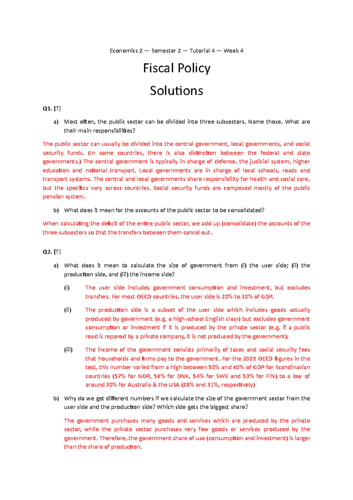 Tutorial 4 - Economics 2 - Macro - Solutions - Economics 2 — Semester 2 ...