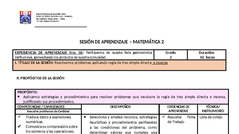 SESION DE APRENDIZAJE MATEMÁTICA 2: Regla de Tres Simple Directa e ...