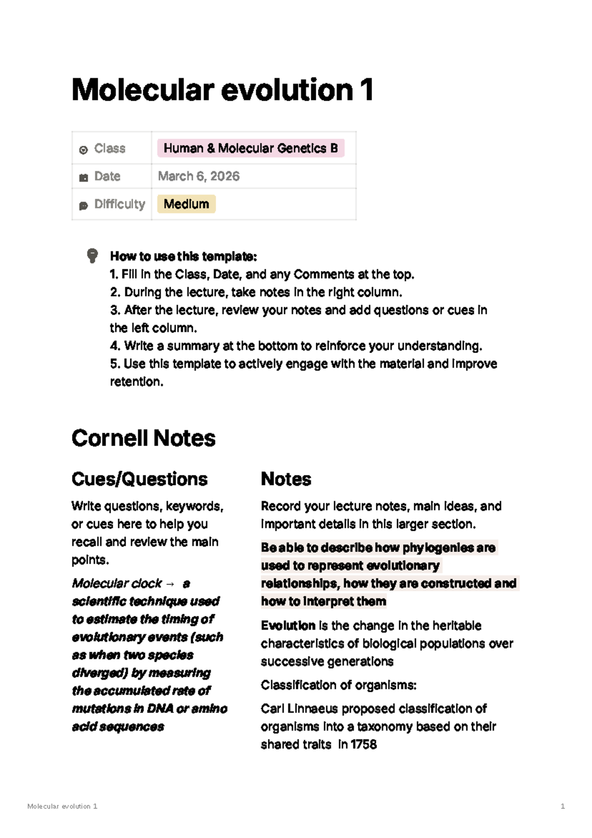 Lecture Notes: Molecular Evolution 1 - Human & Molecular Genetics B ...