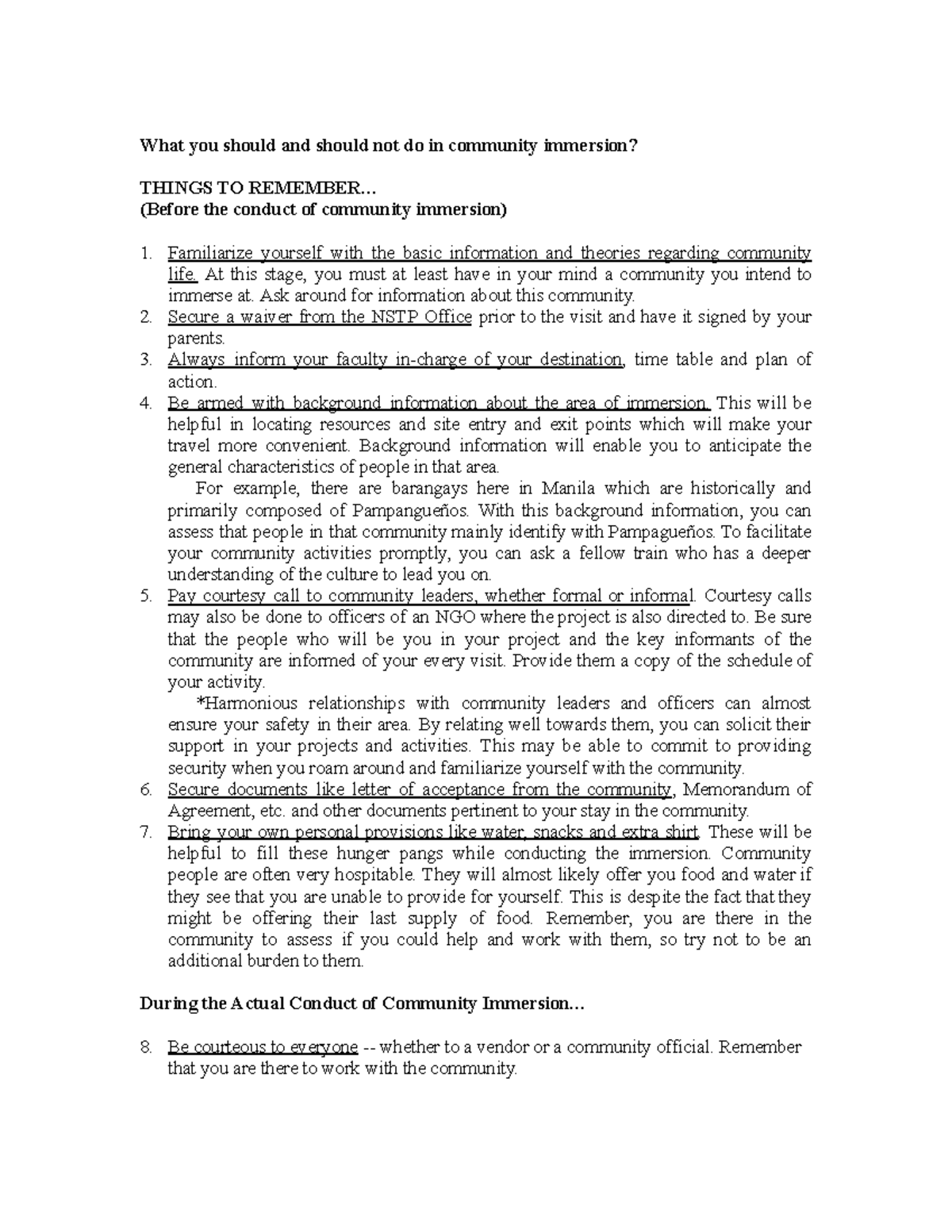 D7 Community Immersion: Essential Dos and Don'ts Guide - Studocu