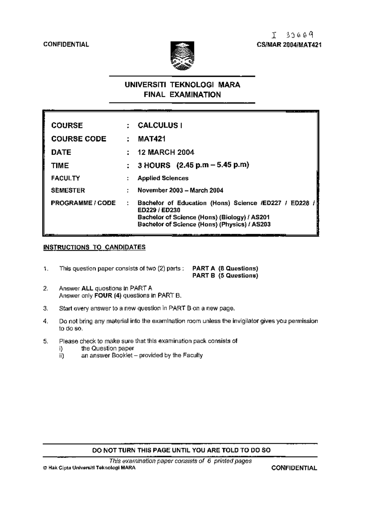 MAT421 Final Exam Paper: Calculus I - March 2004 - Studocu