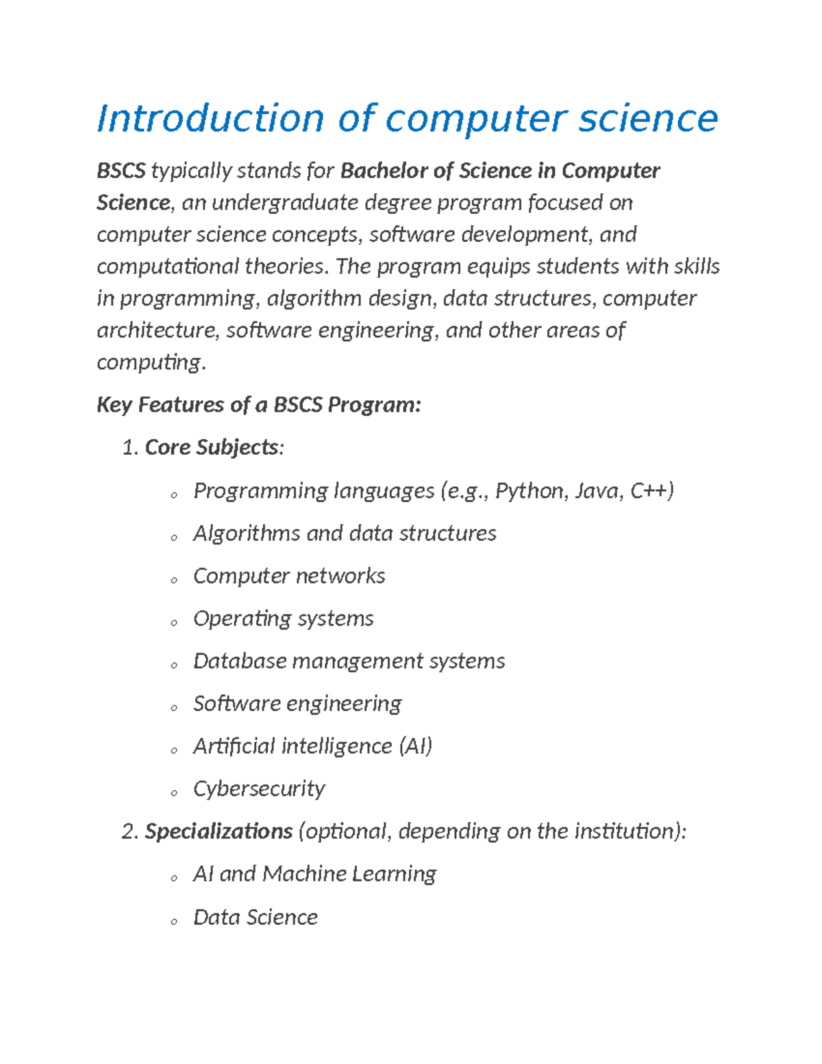 Information of BSCS - Introduction of computer science BSCS typically ...