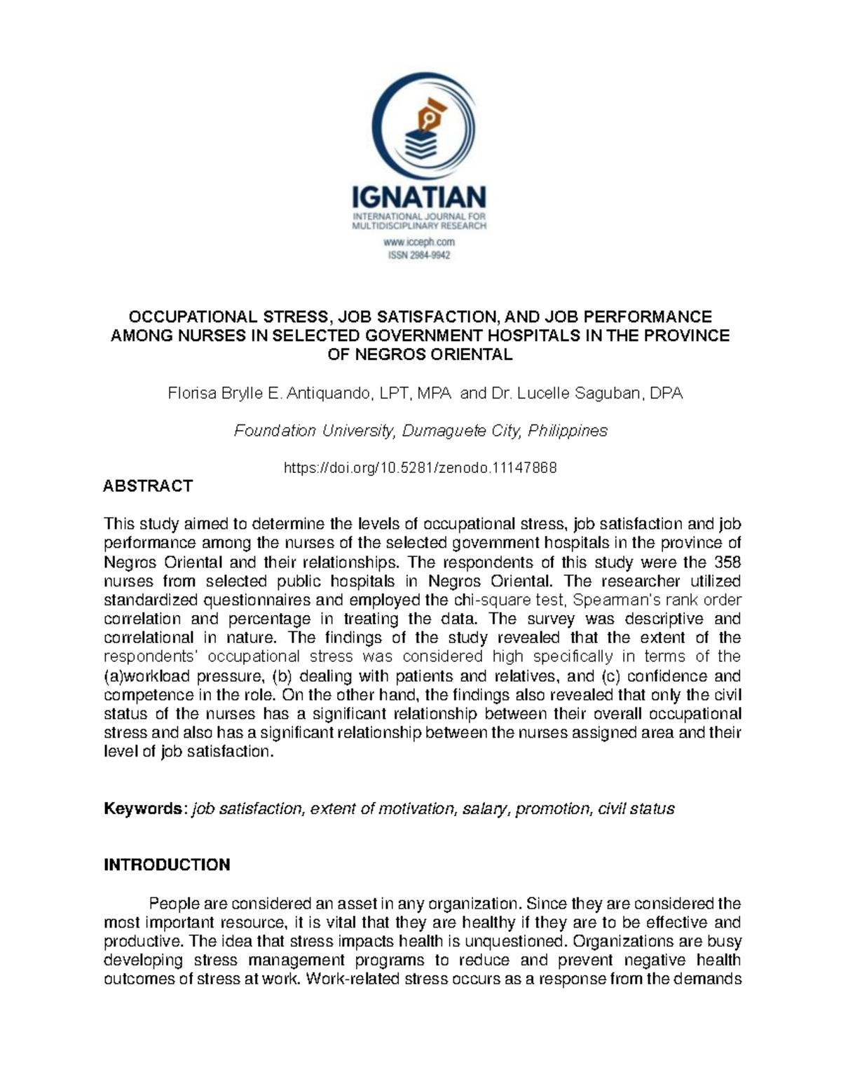 Occupational stress, job satisfaction, and performance among nurses in ...