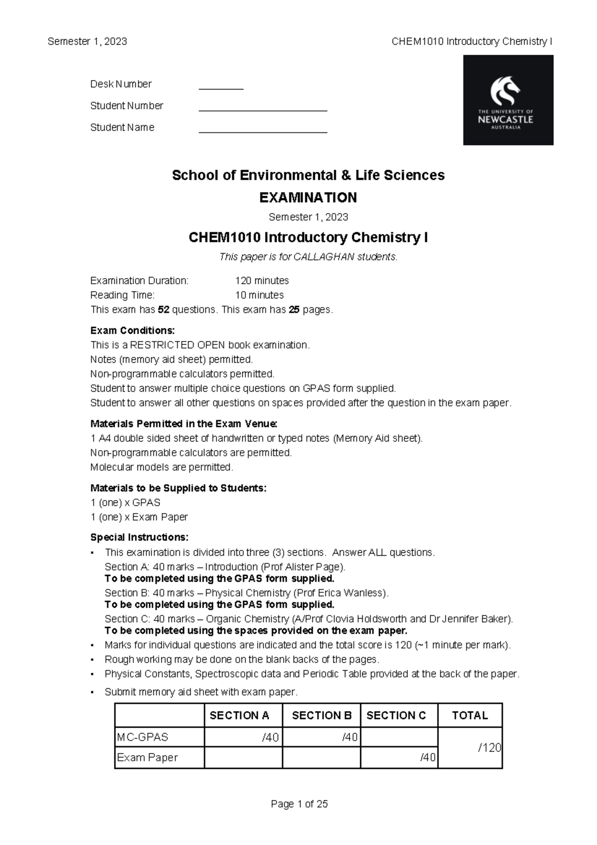 CHEM1010 - Semester 1 2024 - Introductory Chemistry I Final Exam - Studocu