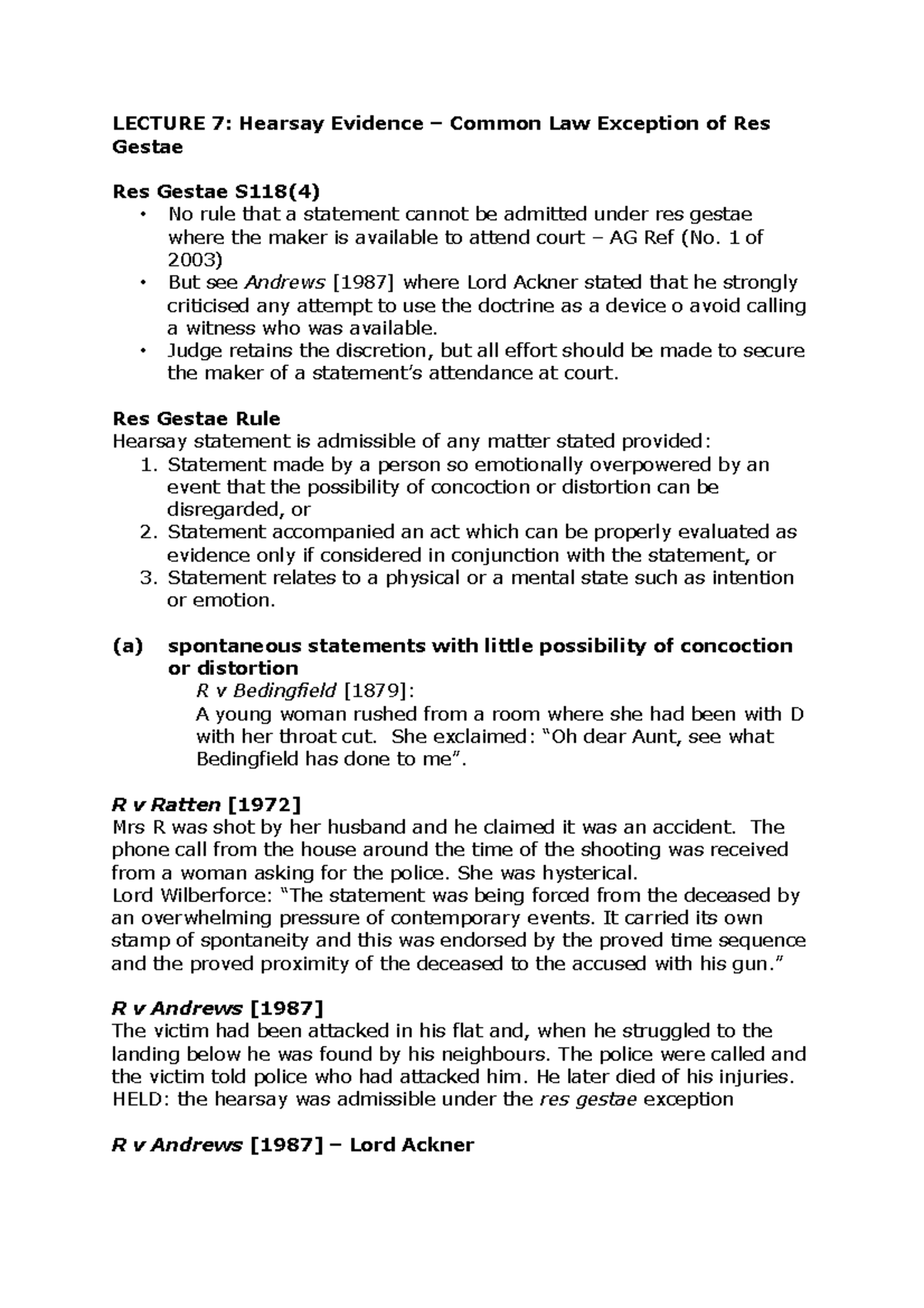 Lecture 7 - Hearsay Evidence & Common Law Exception of Res Gestae - Studocu