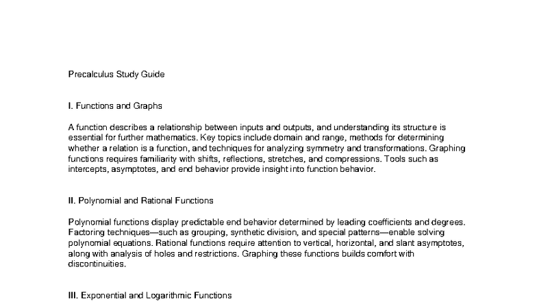 Precalculus Study Guide I: Functions, Graphs, and More - Studocu