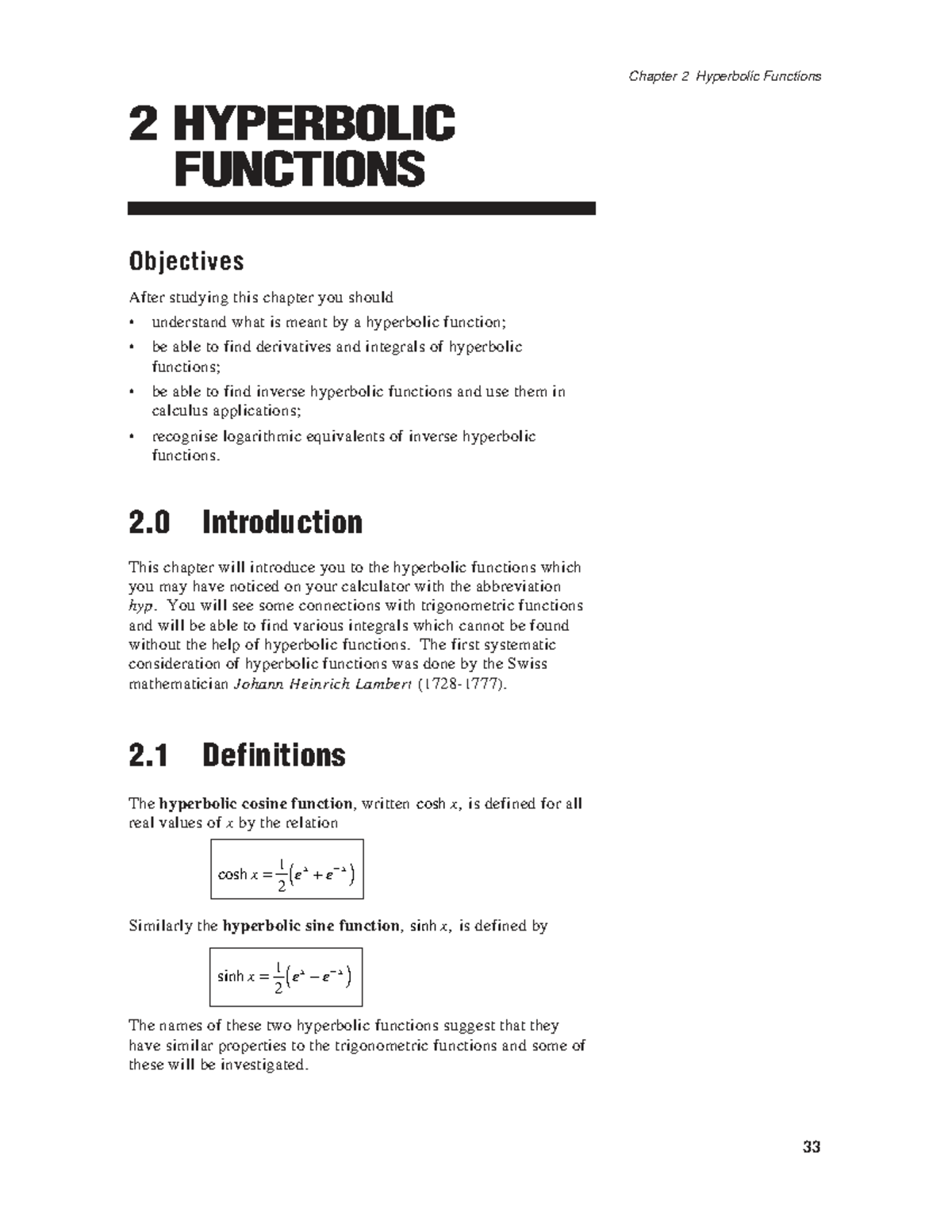 Chapter 2: Hyperbolic Functions and Exercises (MATH 101) - Studocu