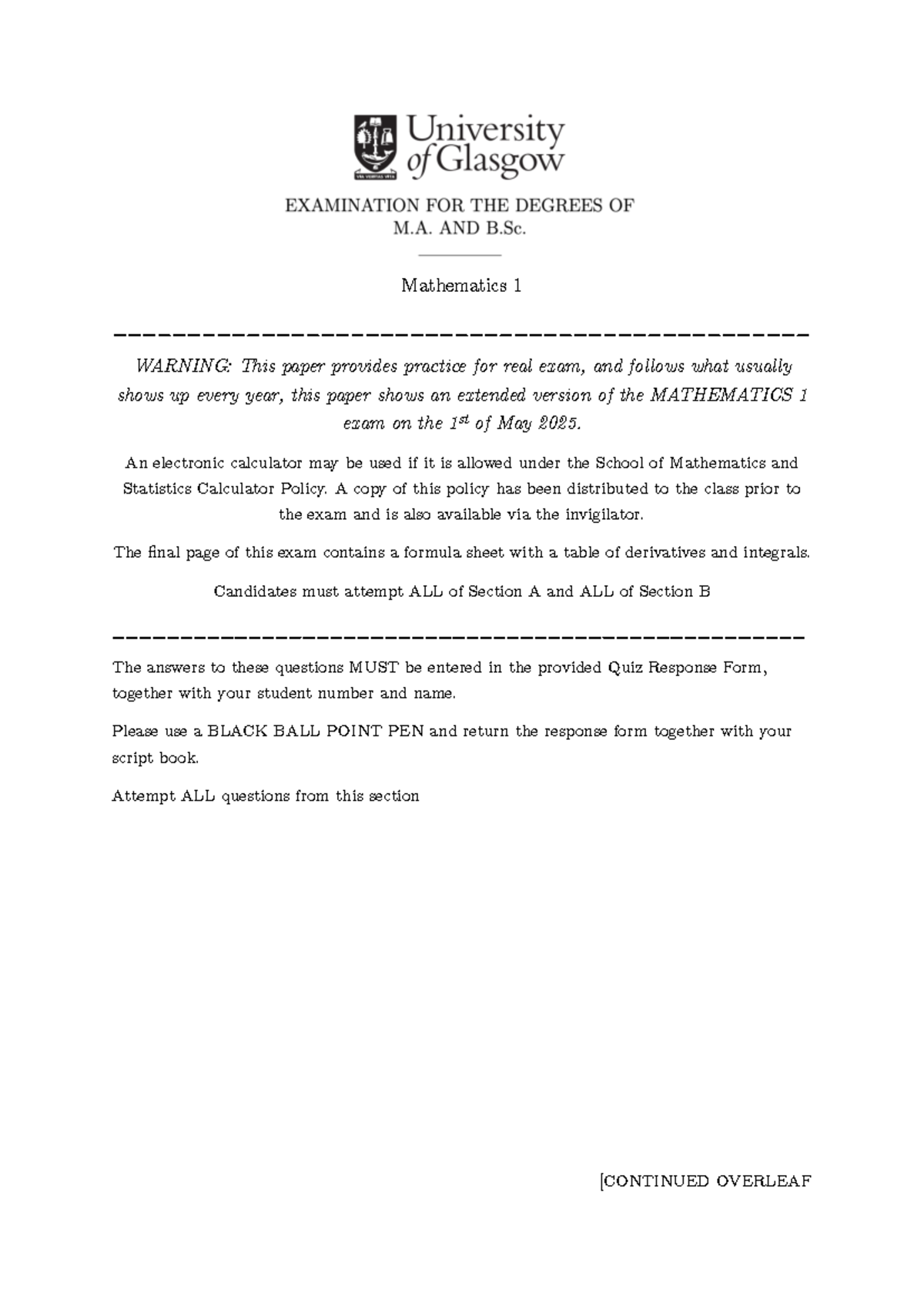 Mathematics 1 Final Exam Practice Paper - May 1, 2025 - Studocu