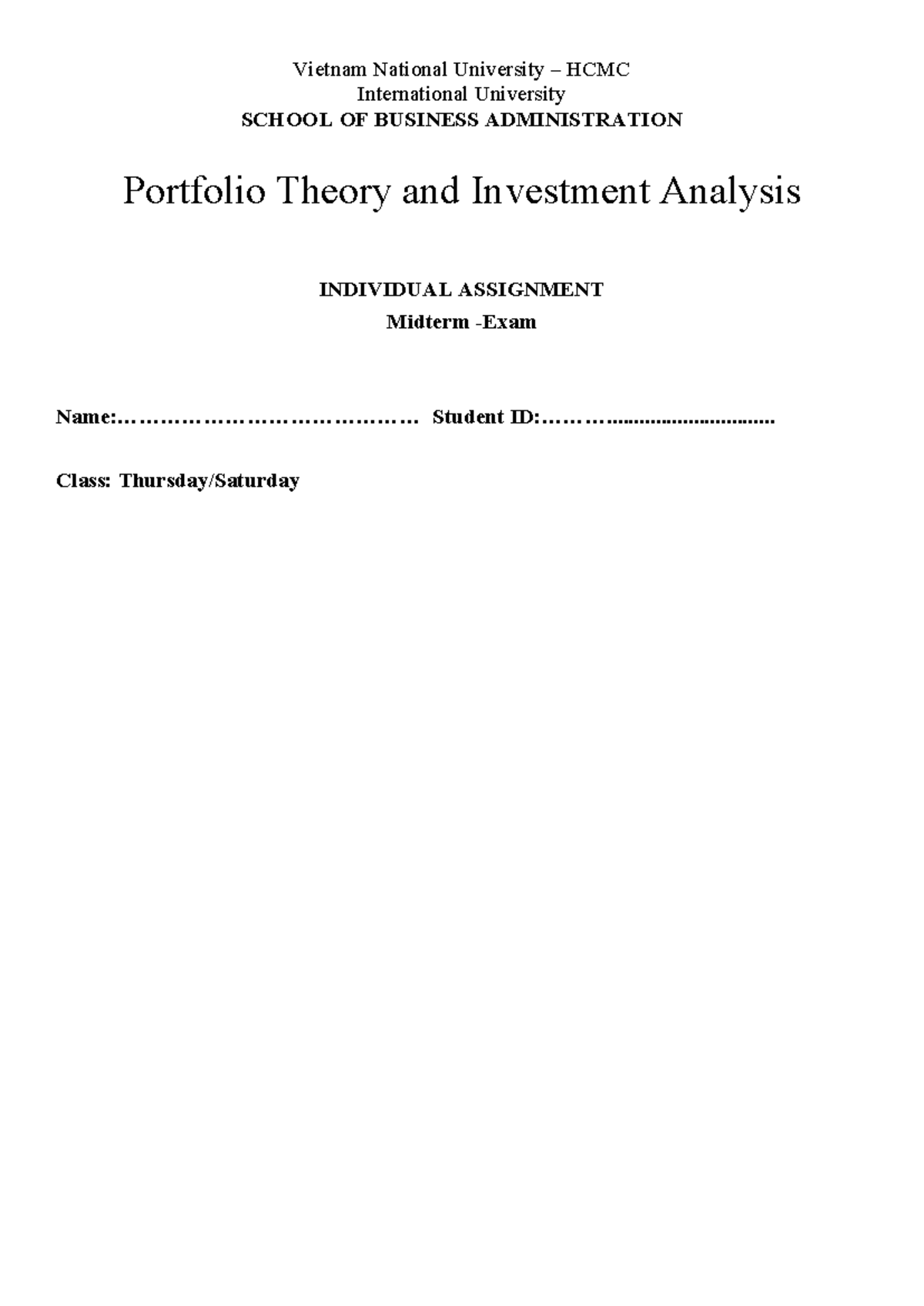 SCHOOL OF BUSINESS ADMINISTRATION Portfolio Theory & Investment ...