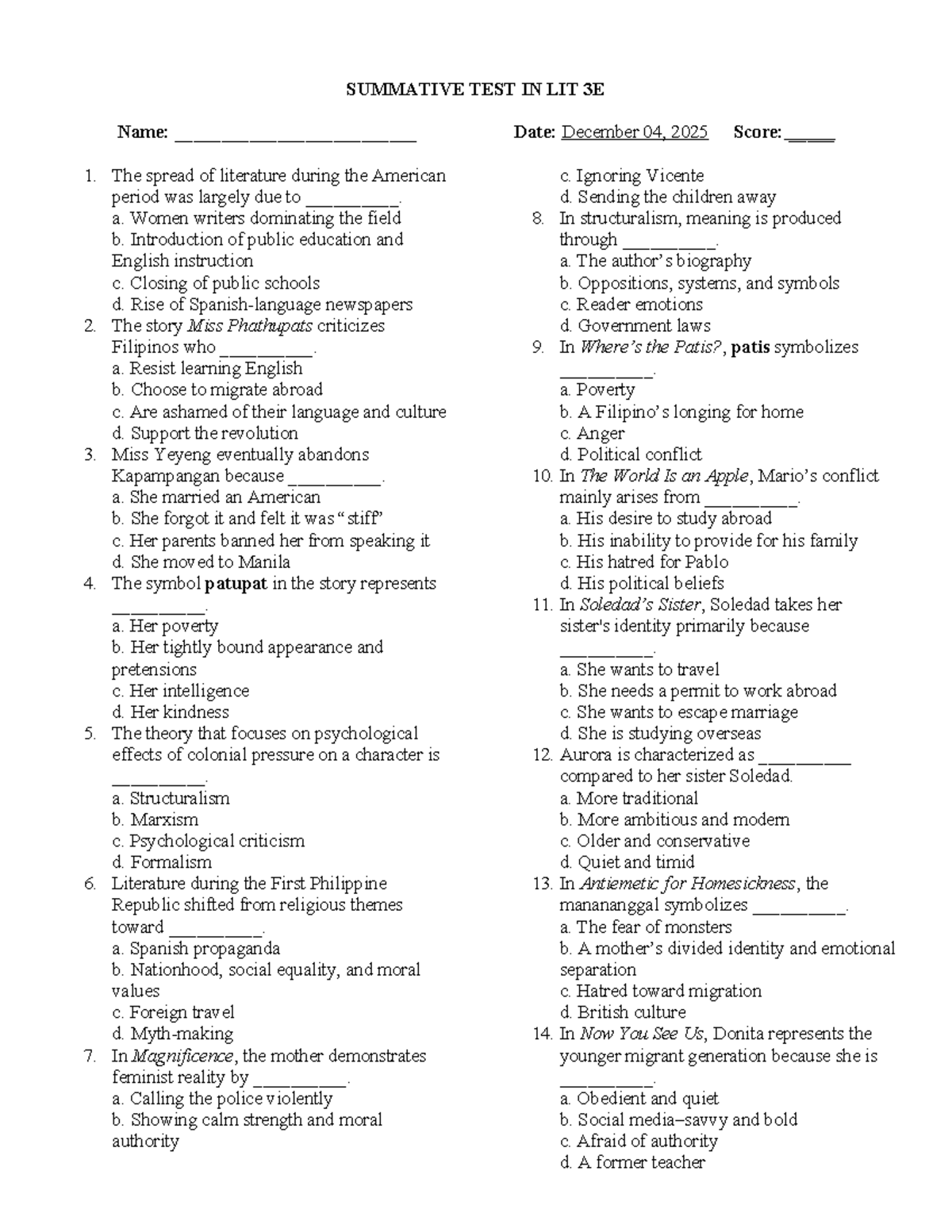 Summative Test in Literature 3E: Key Concepts and Analysis - Studocu