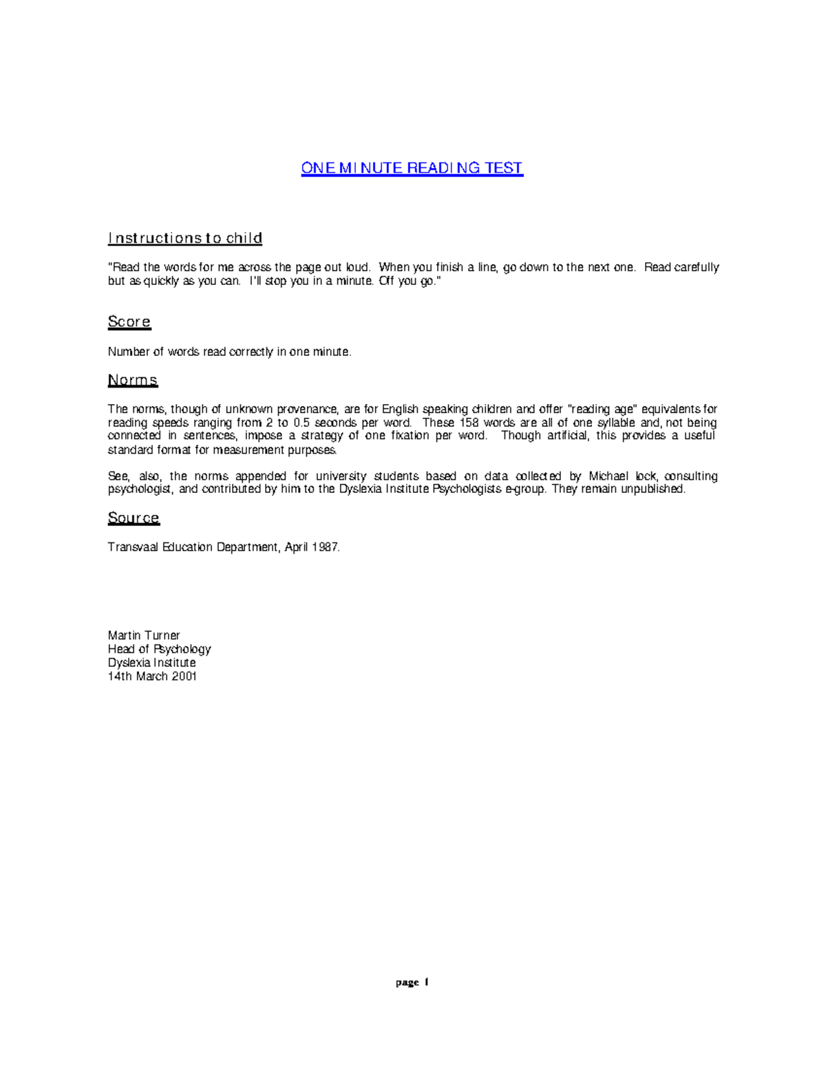 One Minute Reading Test Instructions and Score Chart - Studocu