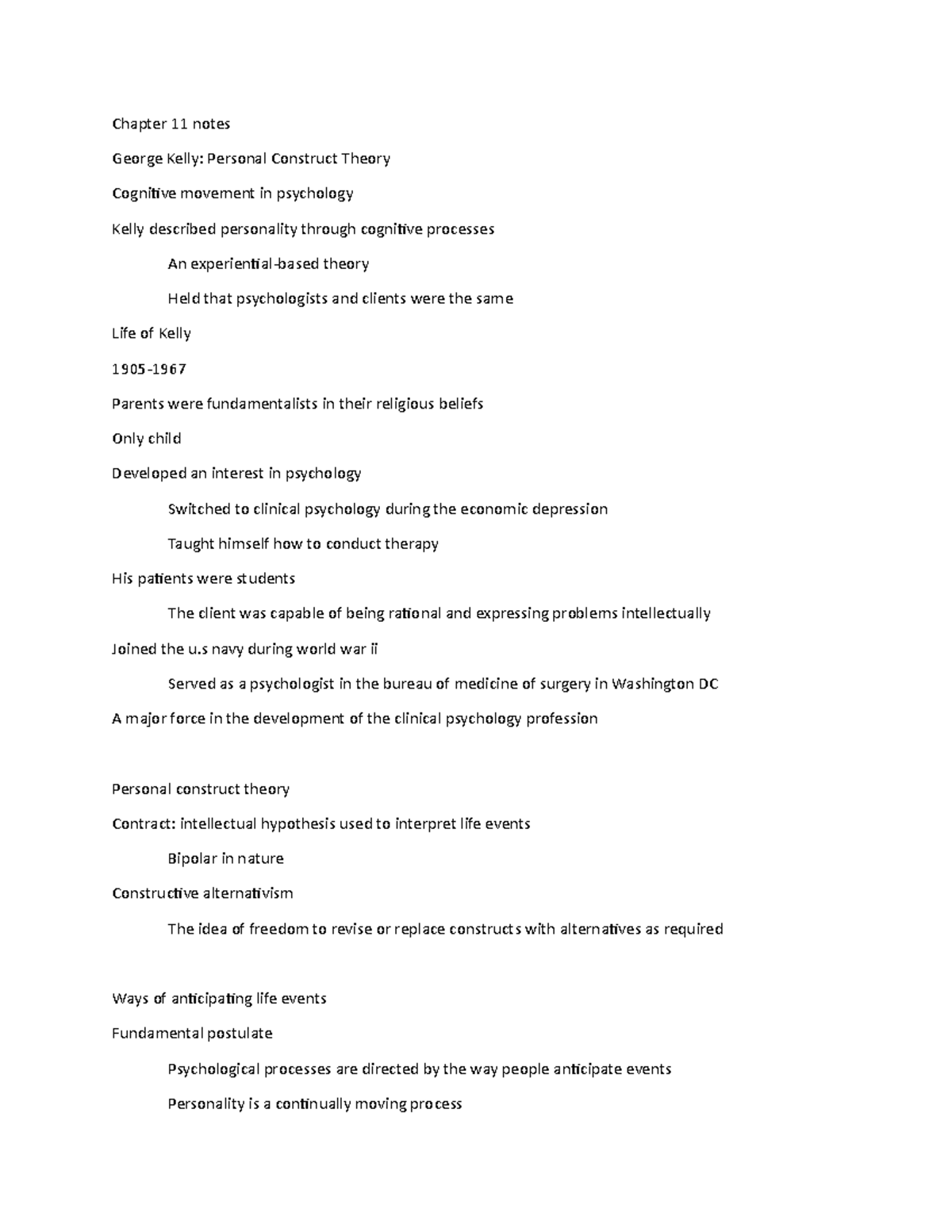 Chapter 11 notes - George Kelly: Personal Construct Theory Cognitive ...