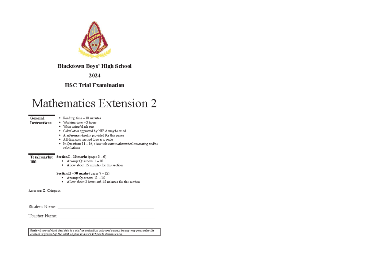 BBHS 2024 HSC Mathematics Extension 2 Trial Exam Solutions - Studocu