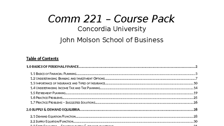 Comm 221 Course Pack: Personal Finance & Economic Principles - Studocu