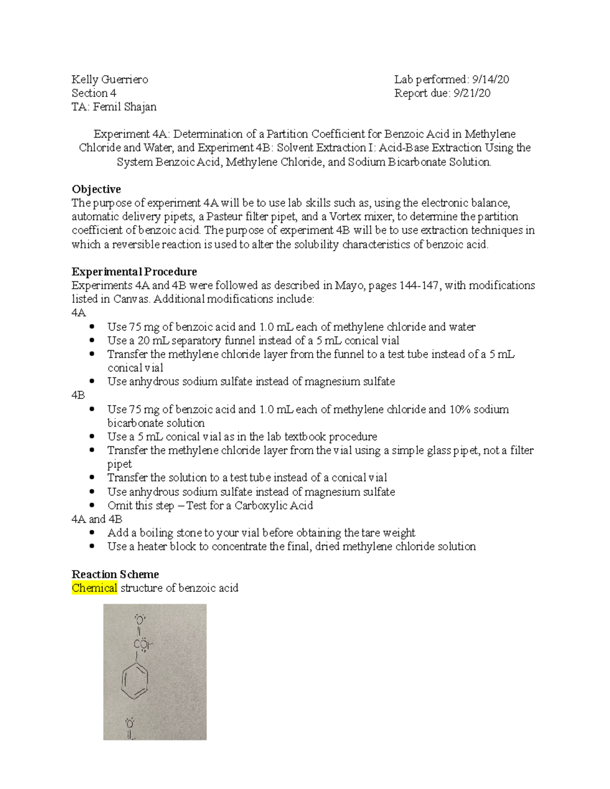 Expt 4B Partition Coefficient Part B - Kelly Guerriero Lab performed: 9/14/ Section 4 Report due ...