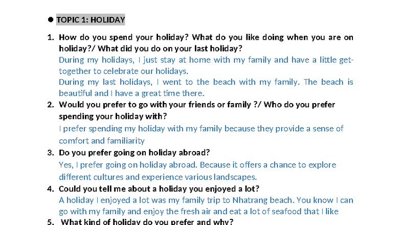 Speaking Vstep - Holiday and School Experiences - Studocu