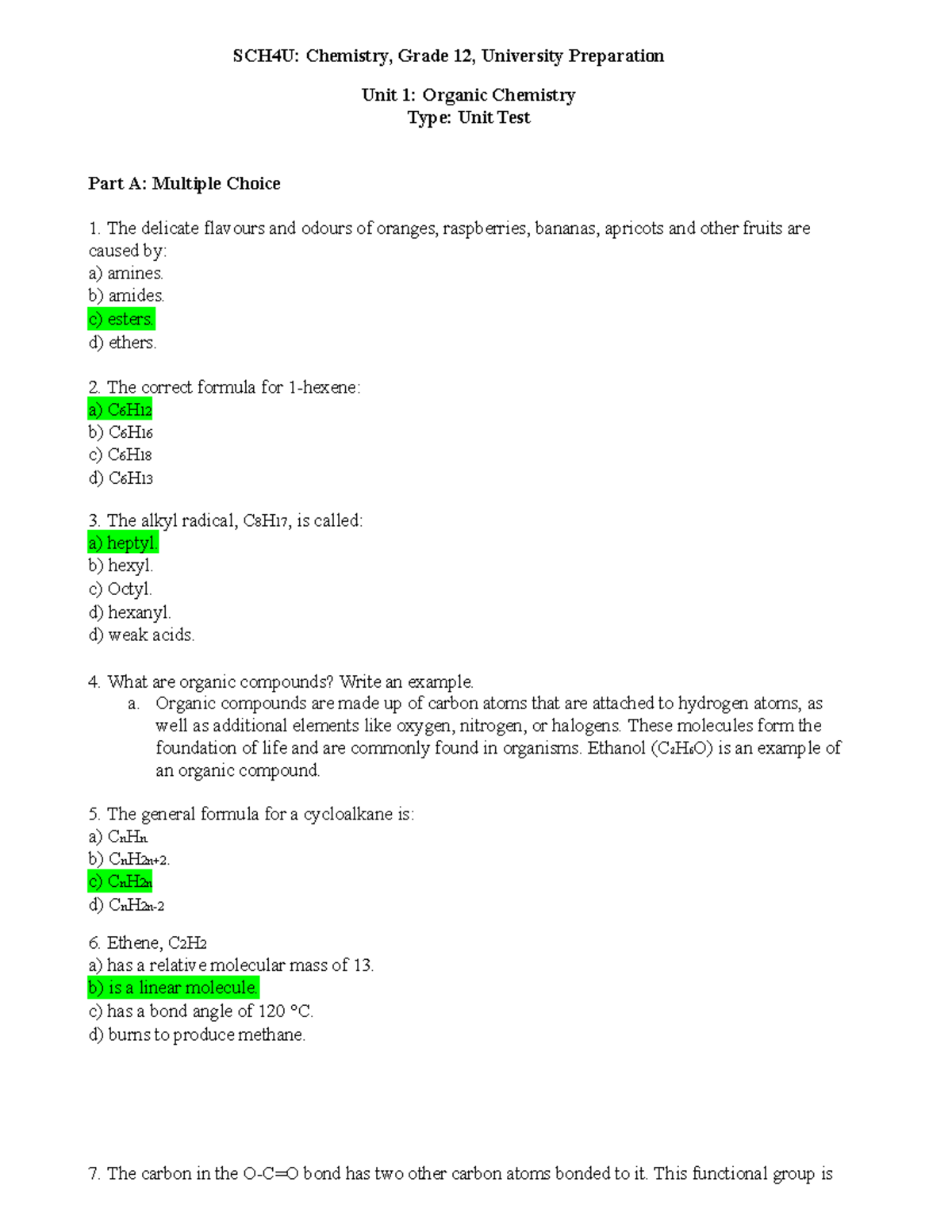 SCH4U Chemistry Unit 1 - Organic Chemistry Unit Test 1 Summary - Studocu
