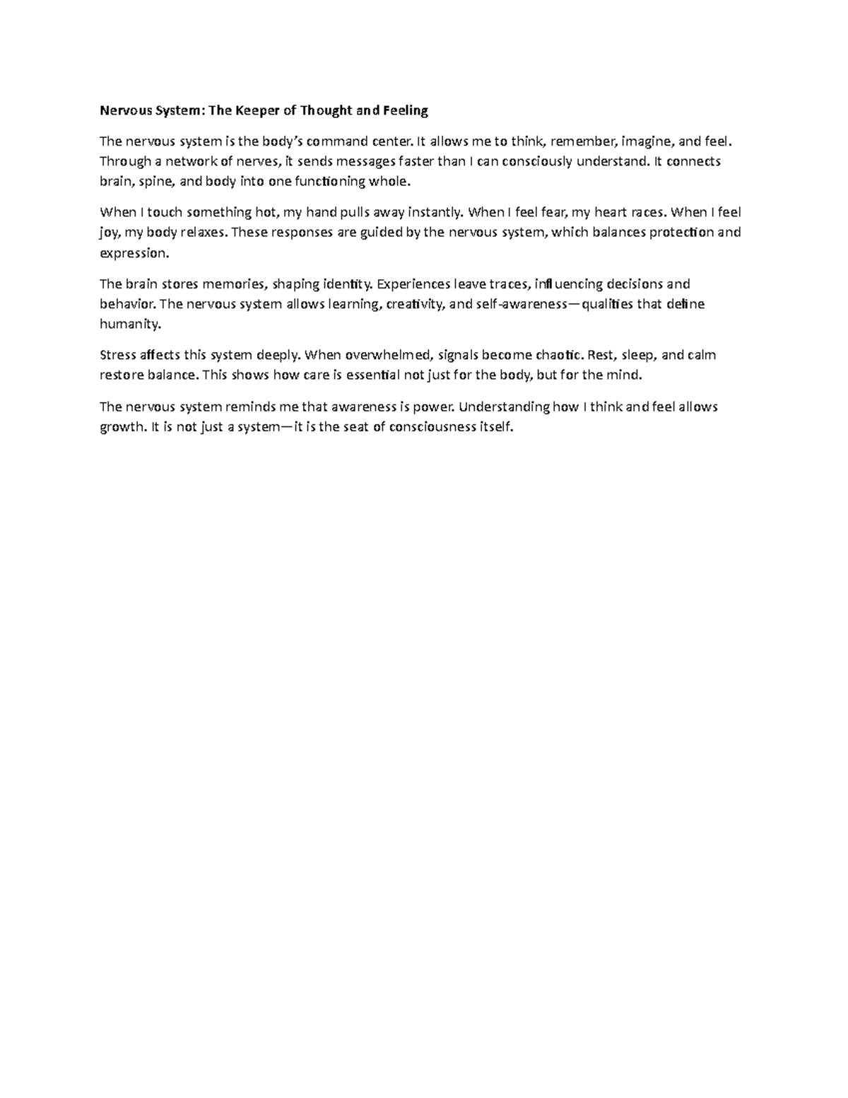 Nervous System: Understanding Thought and Emotion Dynamics - Studocu