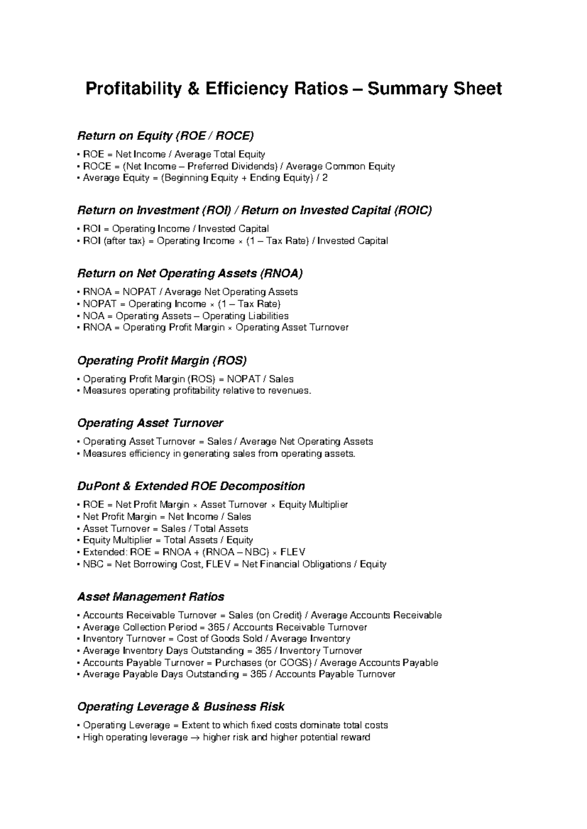 Profitability Ratio Formulas Summary Sheet (FIN 301) - Studocu