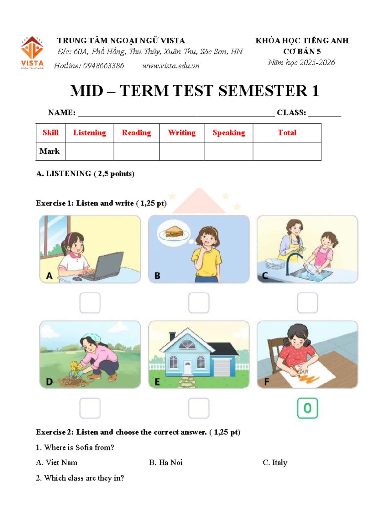 E5 - Midterm Test Semester 1: Basic English Course - Studocu