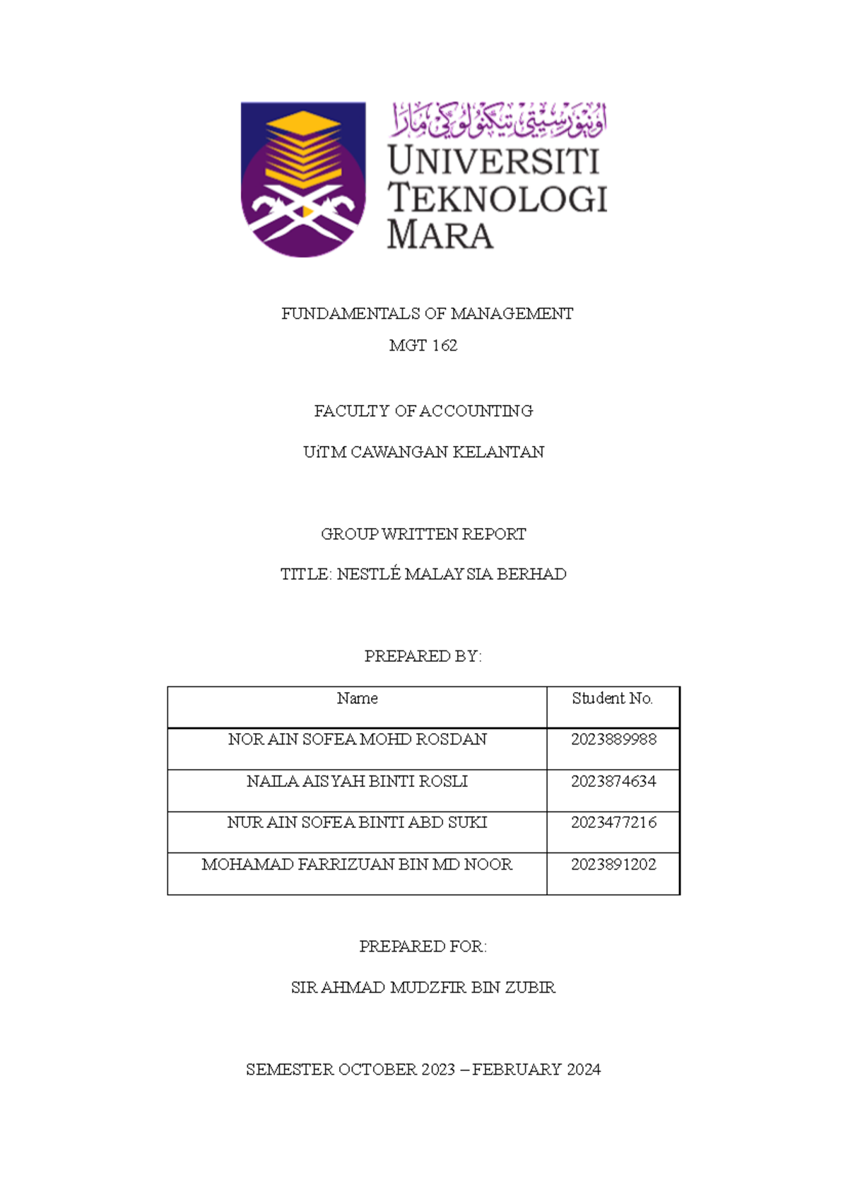 MGT162 Final Group Report on Nestlé Malaysia's Management Structure ...