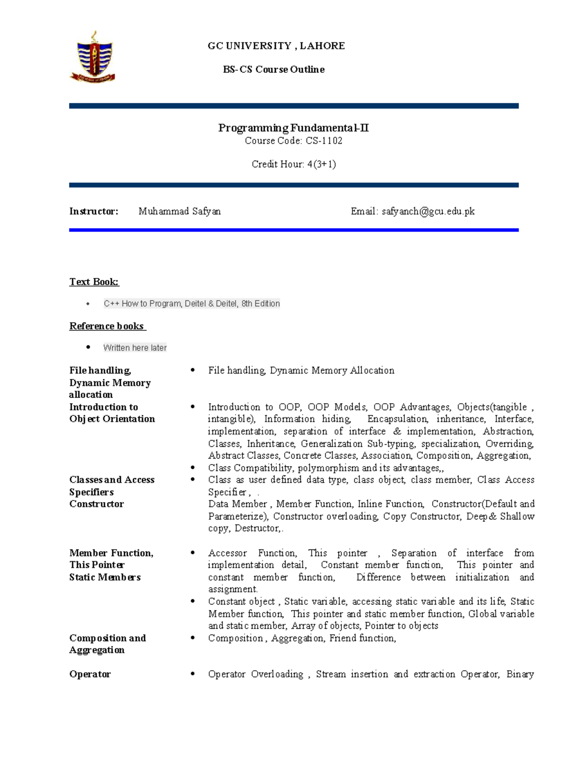 PF2 coursout Line - Its the course outline for Programming Fundamentals ...
