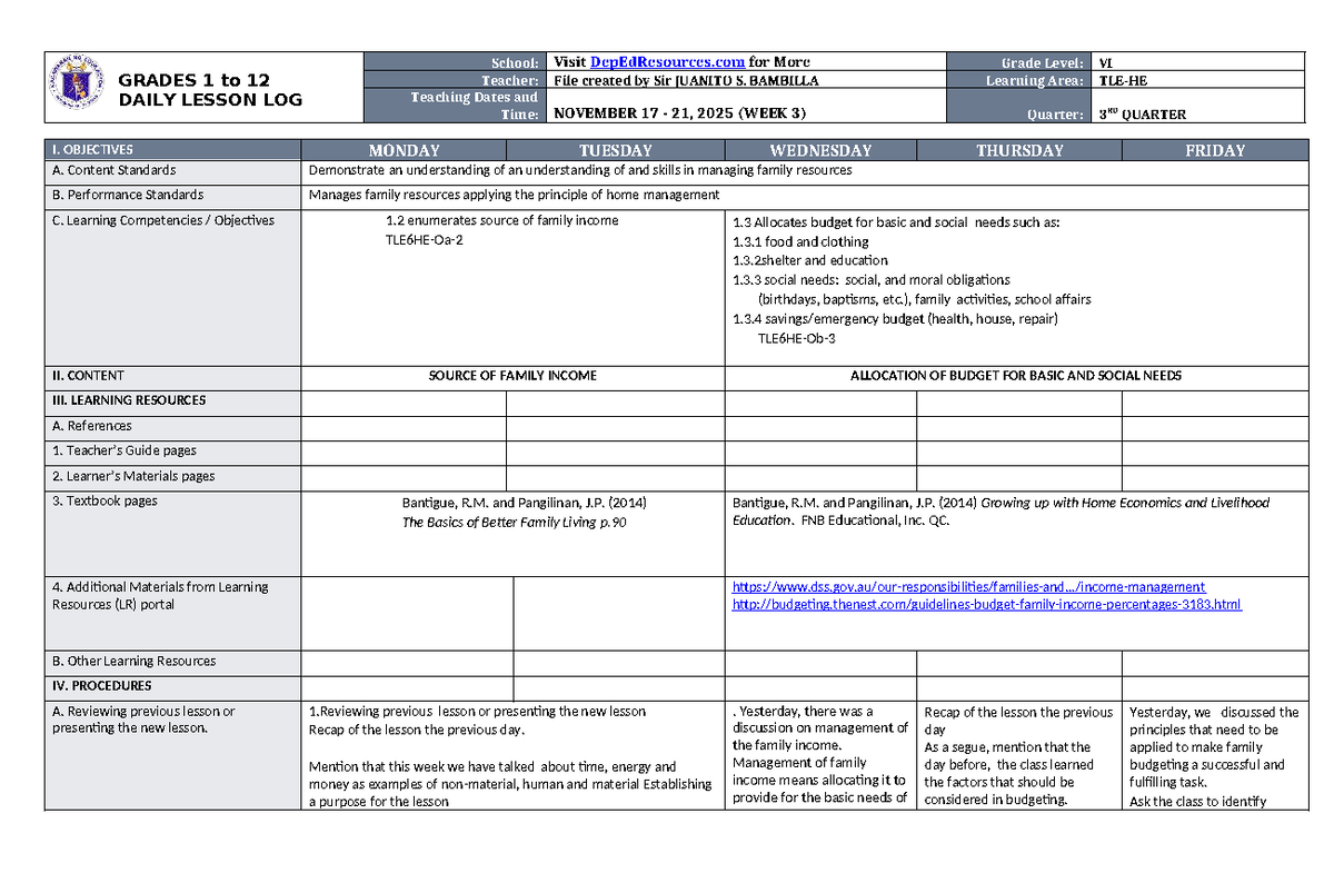 DLL TLE-HE 6 Q3 W3 - Family Budget Management Lesson Plan - Studocu