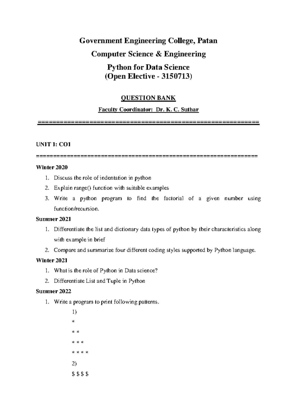 Question Bank: Python for Data Science (Open Elective - 3150713) - Studocu