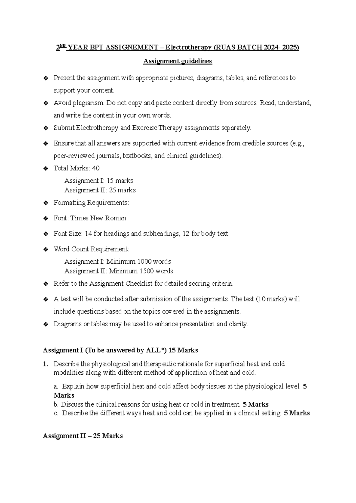2ND YEAR BPT ASSIGNMENT: Electrotherapy Guidelines (RUAS BATCH 2025) - Studocu