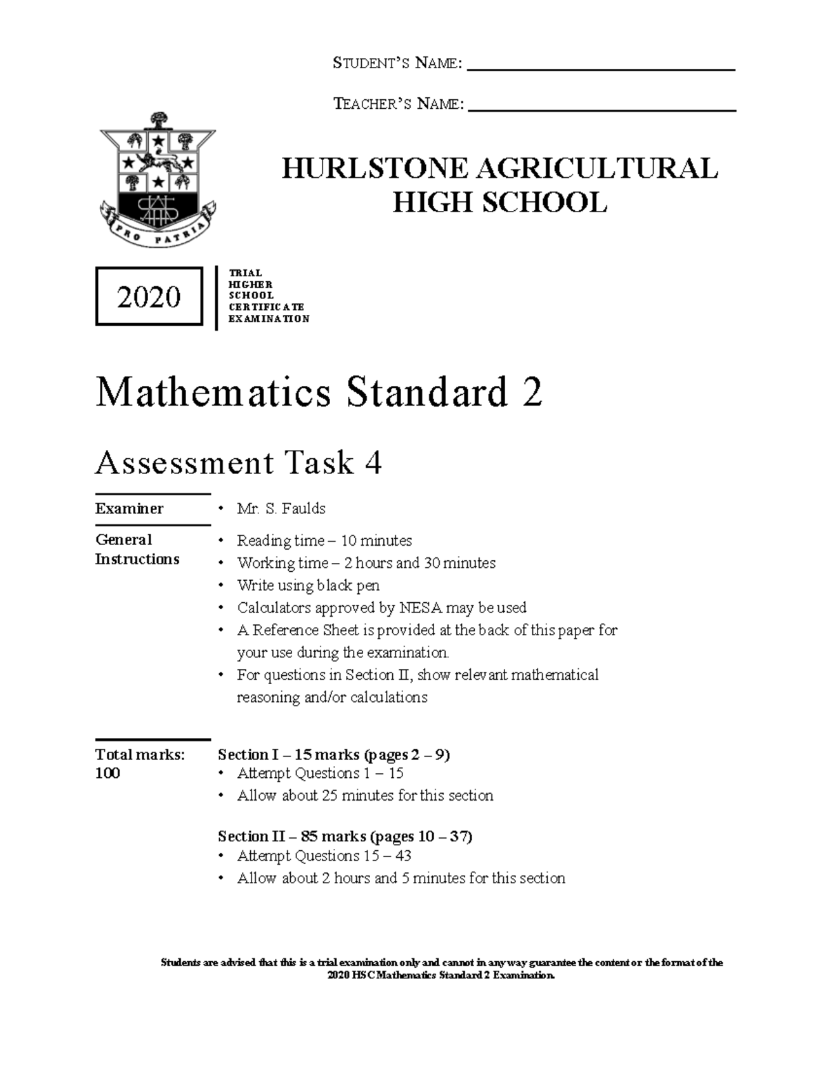 2020 Hurlstone Agricultural High School - Mathematics Standard 2 Trial ...