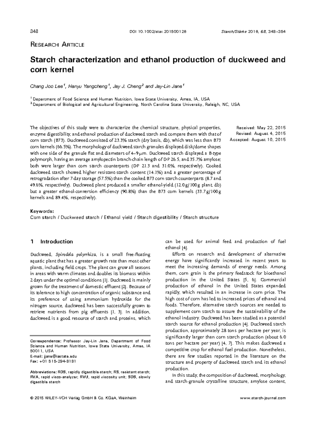348 RESEARCH ARTICLE: Starch Characterization & Ethanol Production from ...