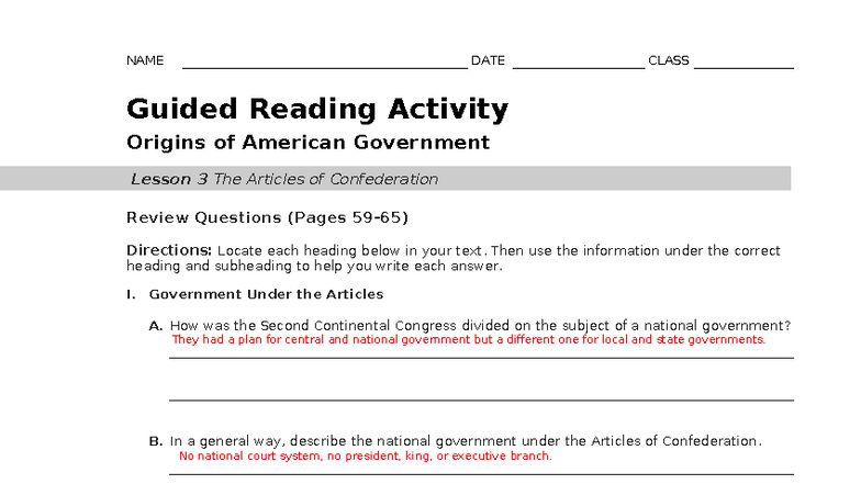 Lesson 3: Articles of Confederation Guided Reading Activity - Studocu