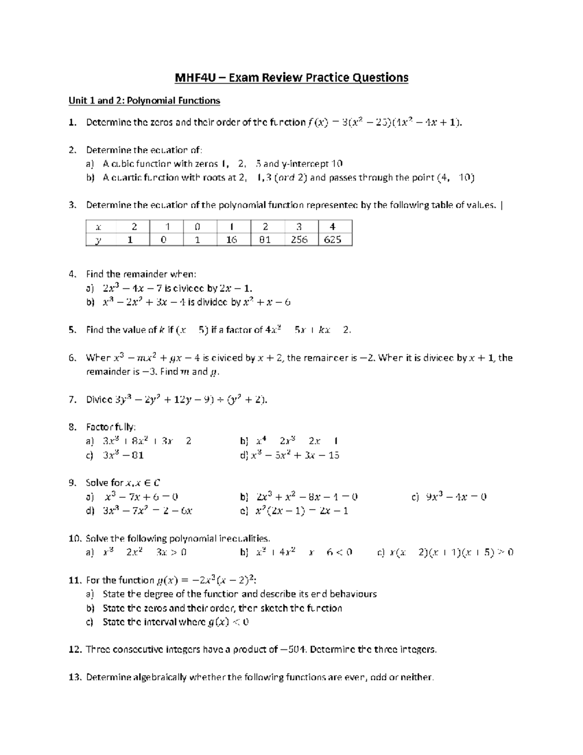 MHF4U Final Exam Review: Practice Questions on Polynomial Functions ...