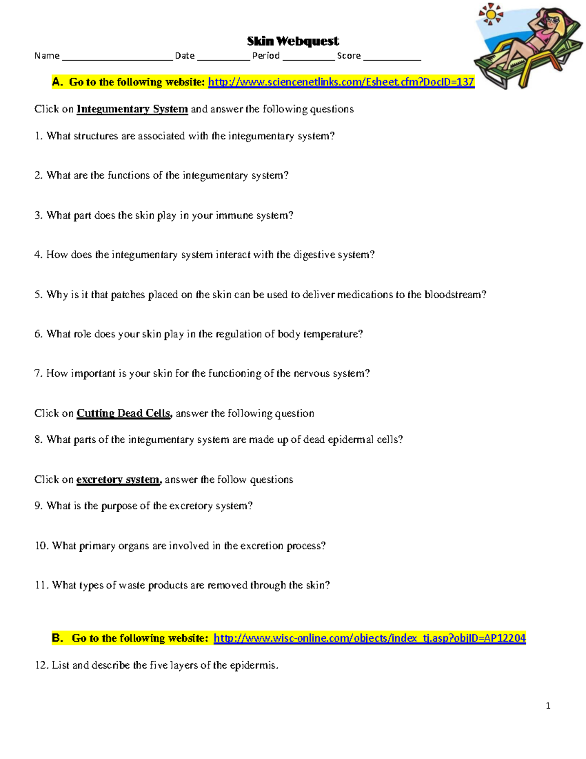 Integumentary System Webquest: Key Concepts & Questions - Studocu