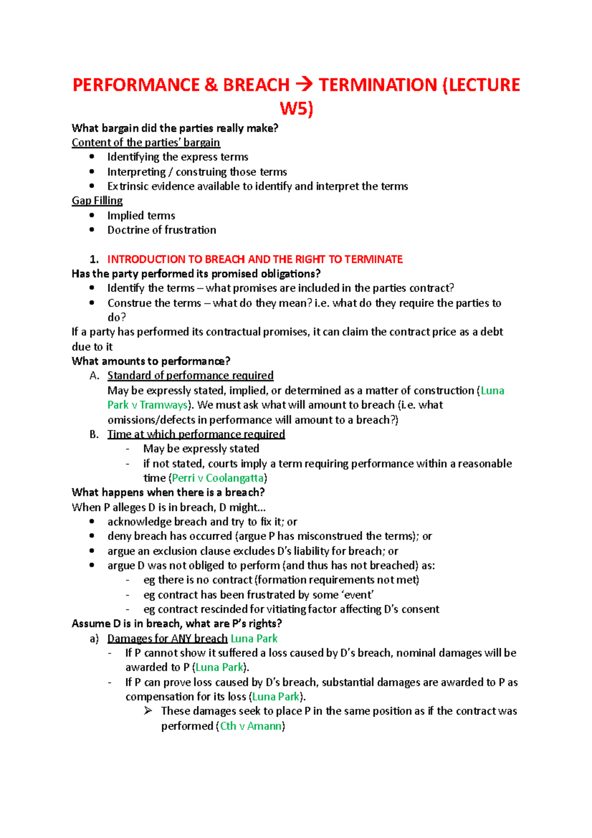 Termination - PERFORMANCE & BREACH TERMINATION (LECTURE W5) What bargain did the parties - Studocu