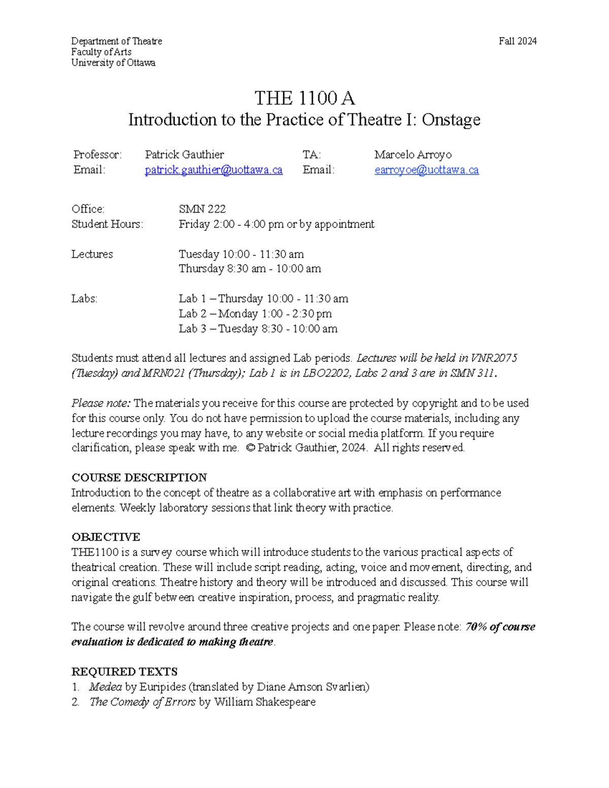 THE1100 Syllabus: Intro to Theatre Practice I - Fall 2024 - Studocu