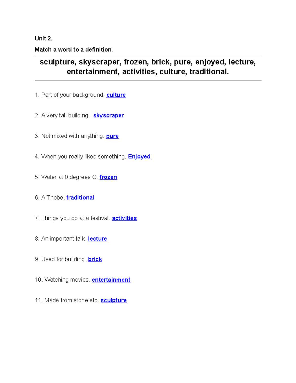 Unit 2 Test: Vocabulary Matching and Grammar Exercises - Studocu